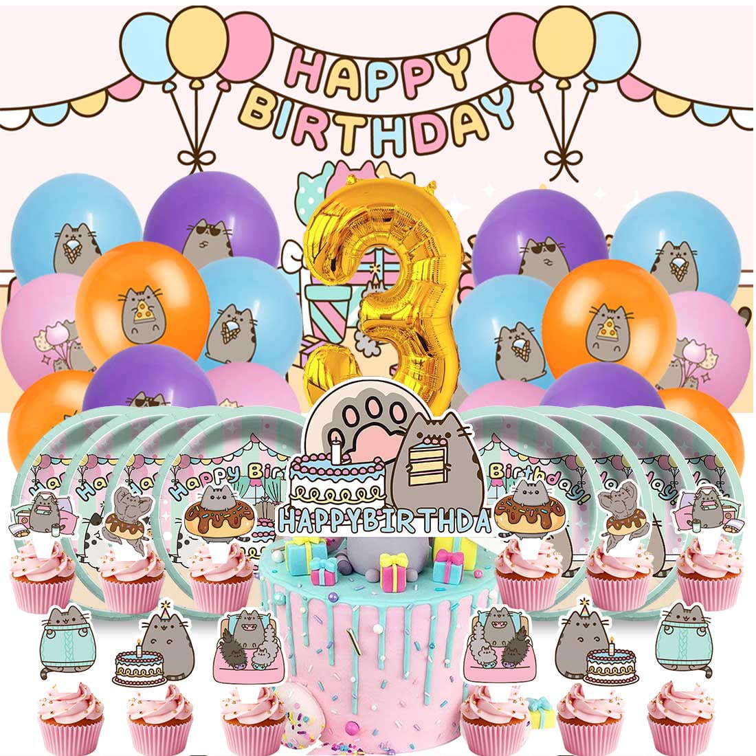 Pusheen Cat Balloons Party Supplies 3rd Decor Tableware Birthday Cake ...
