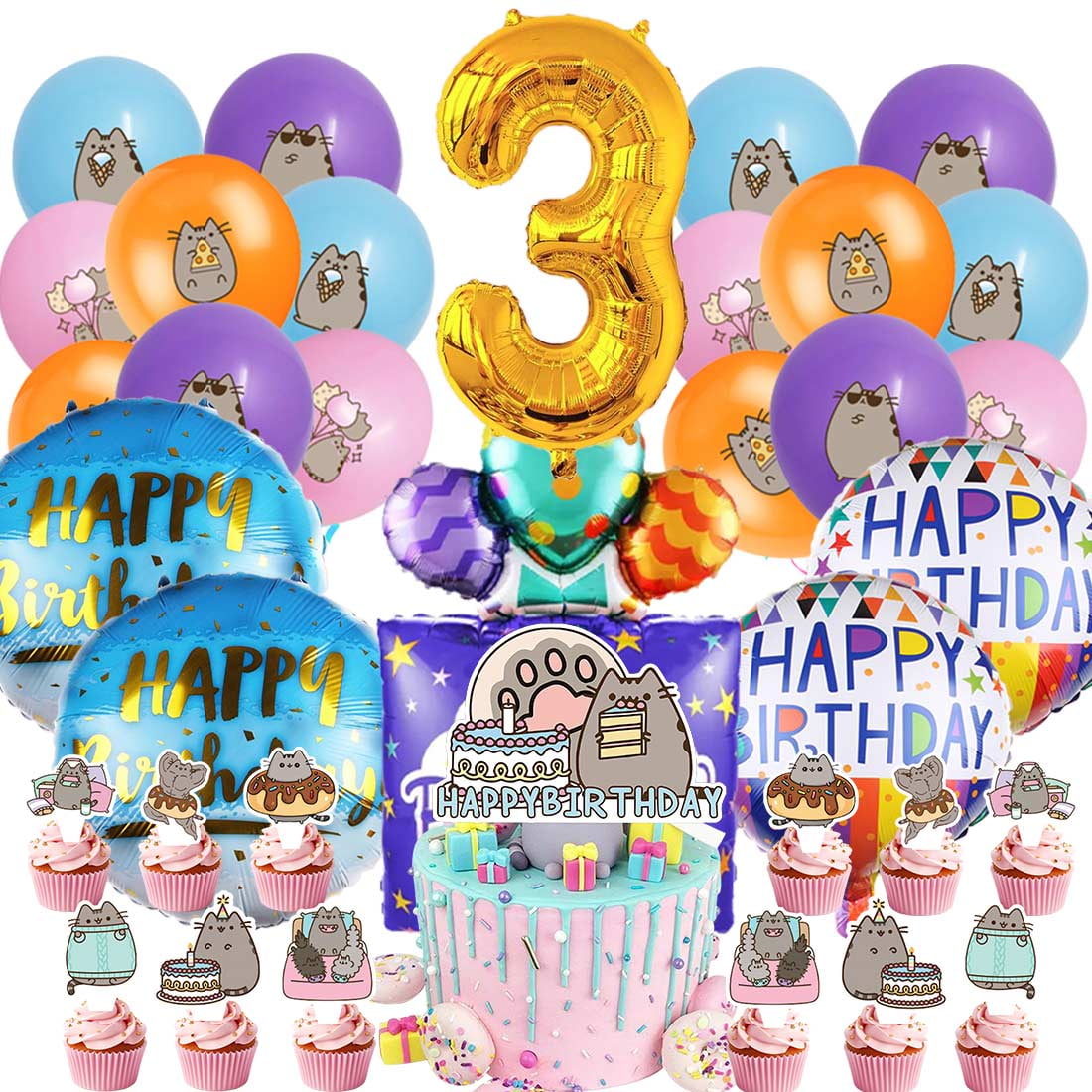 Pusheen Cat Party Supplies 3rd Decor Kit Balloons Birthday Cake Topper ...