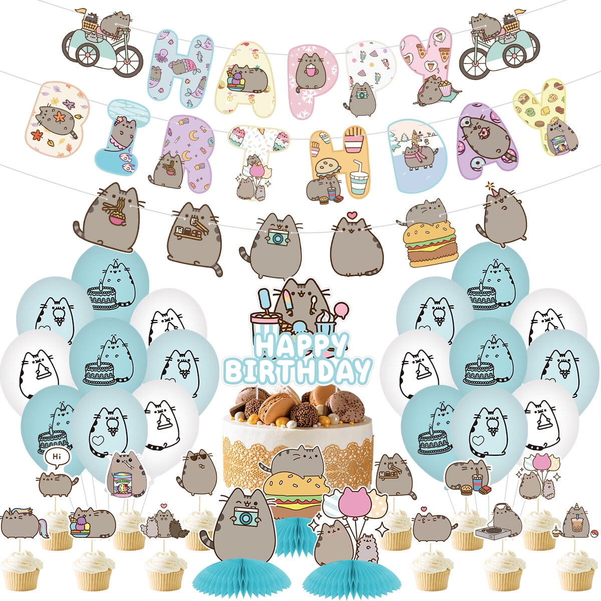 Pusheen Theme Birthday Party Decoration Lake Blue White Balloon Set for ...