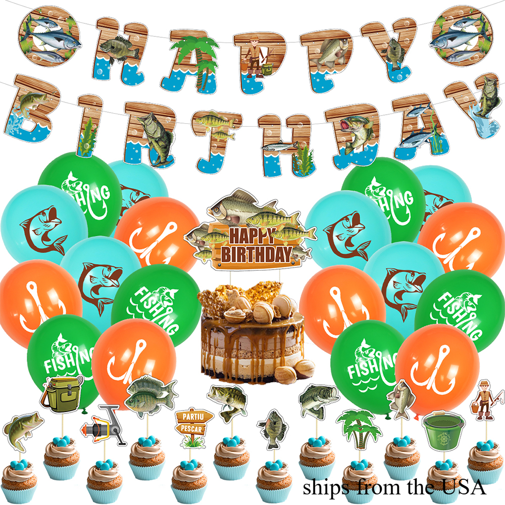 Pusili Fishing Party Decoration Set, Happy Birthday Fishing Banner ...