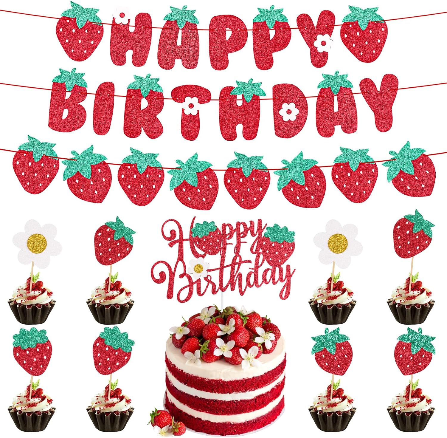 Pusili Strawberry Birthday Party Decoration, Happy Birthday Banner Cake ...