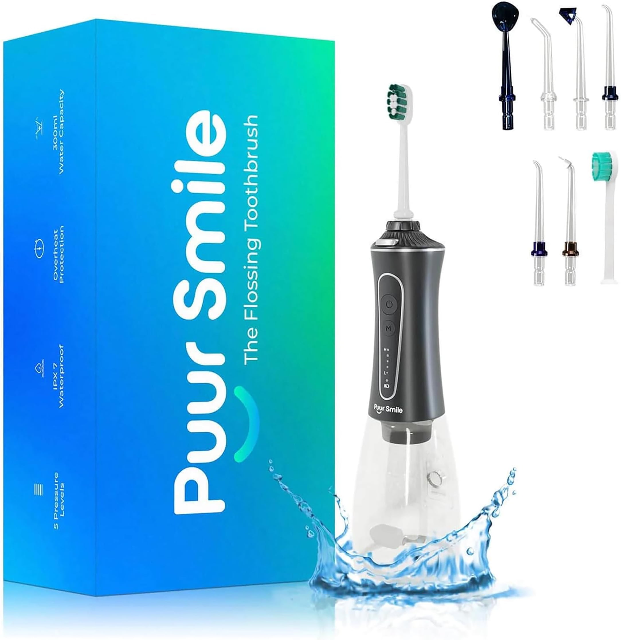 PuurSmile Cordless Water Flosser Black, Waterproof Dental Cleaner, 7 ...