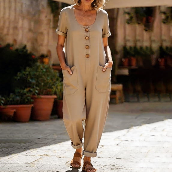 Puyaiuu Women Solid Linen Short Sleeve Round Neck Button Front Loose ...