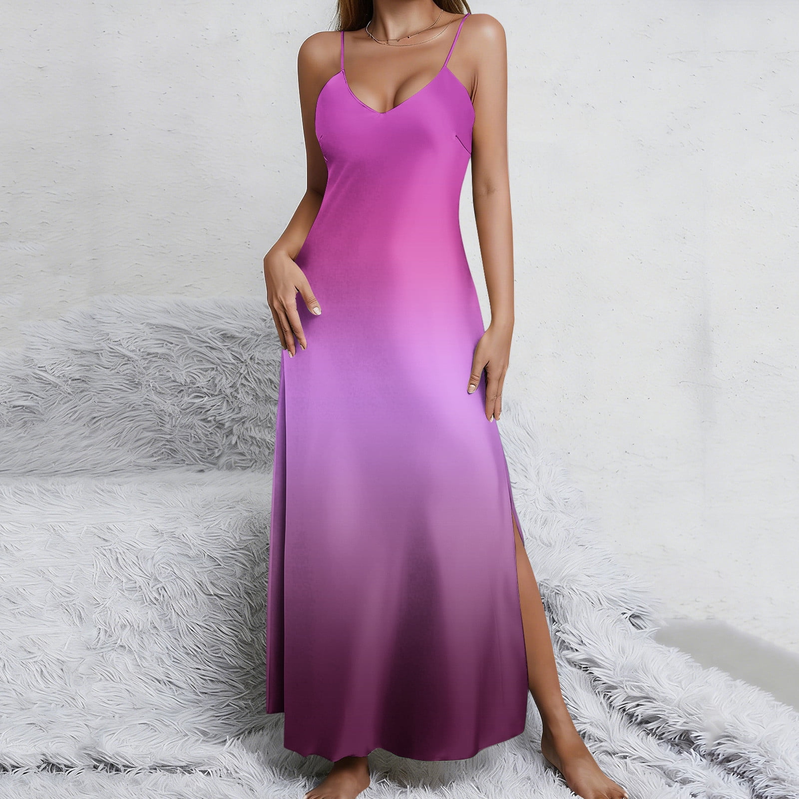 Puyaiuu Women's Sleeveless V-Neck Maxi Dress, Flowy Split Color Print ...