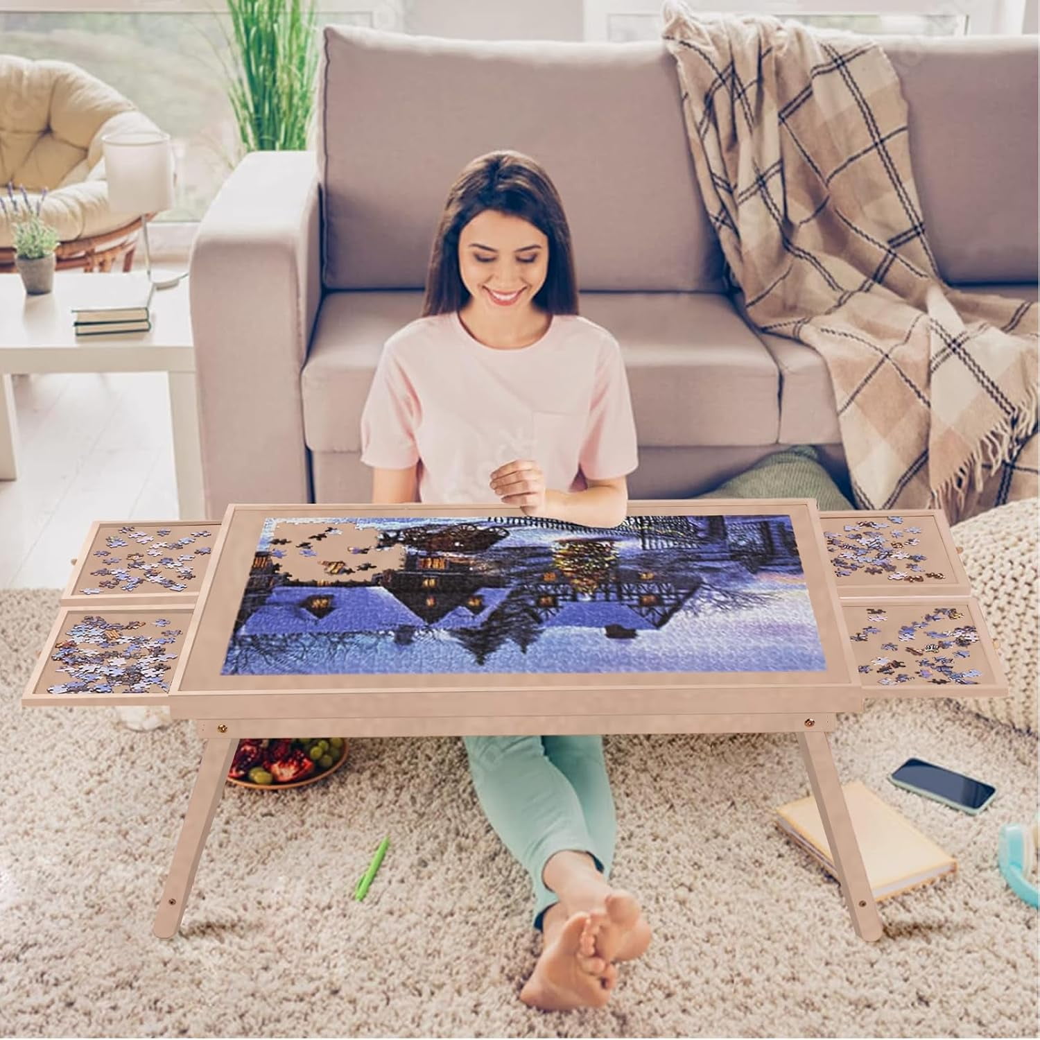 Puzzle Board 1500 Pieces,34.3”x 26.5” Jigsaw Puzzle Table with 4 ...