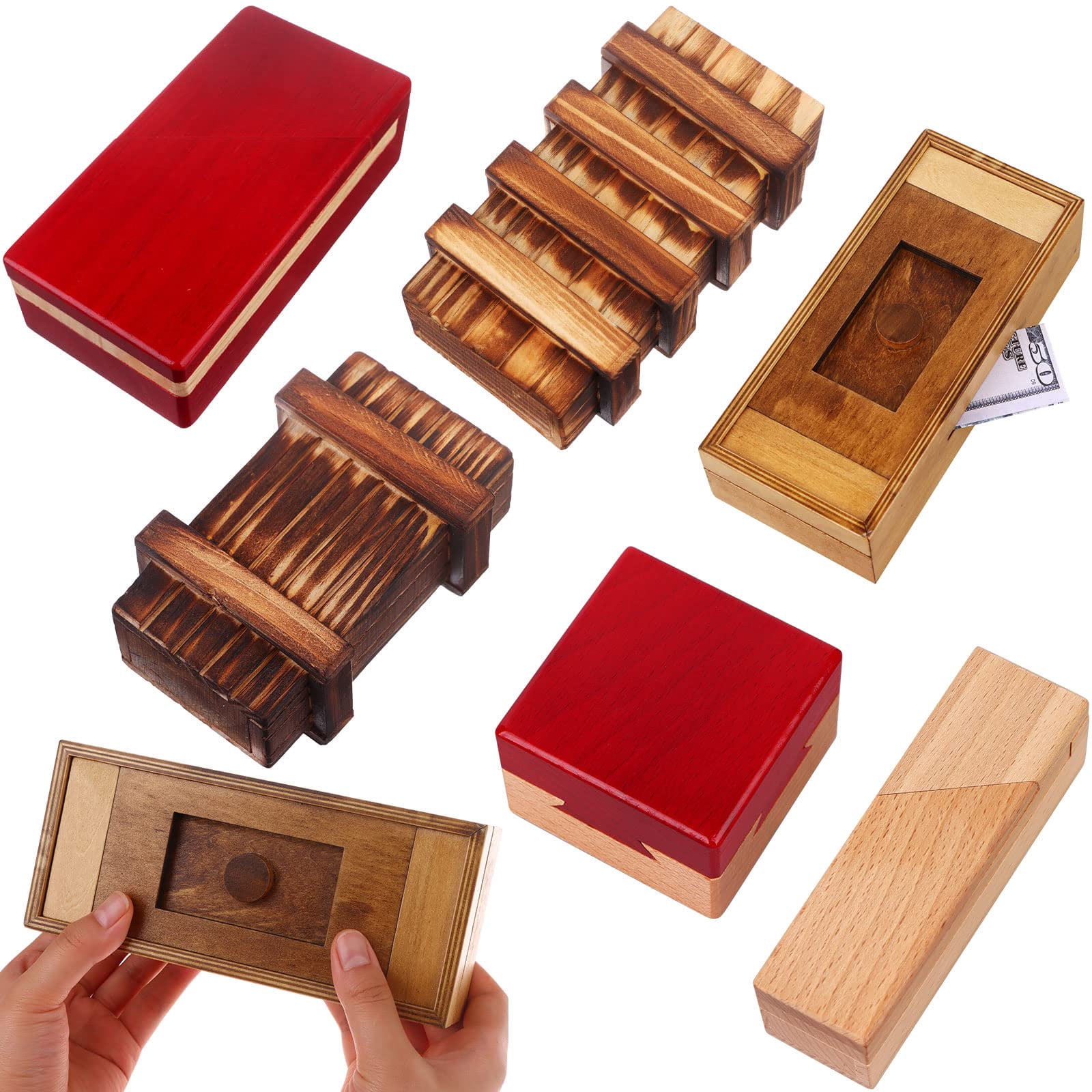 Puzzle Box 6 Pack MMF7 Wooden Secret Puzzle Box Compartment 3D Brain Teaser Magic Drawers Secret ...