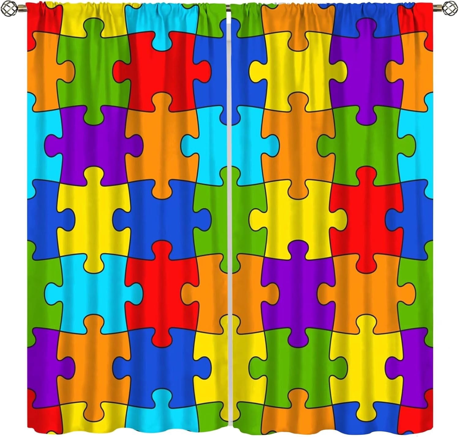 Puzzle Kitchen Curtains, Colorful Puzzle Pieces Fractal Children Hobby ...