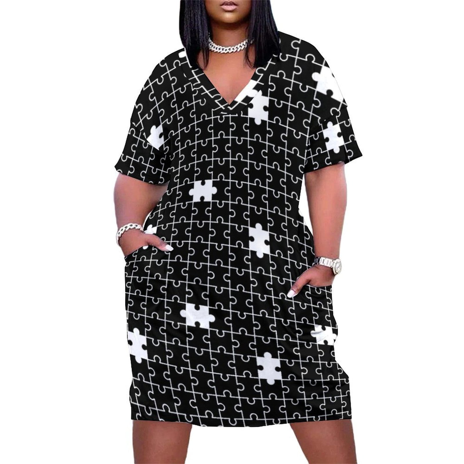 Puzzle Loose Pocket Dress womans clothing dresses for prom evening ...