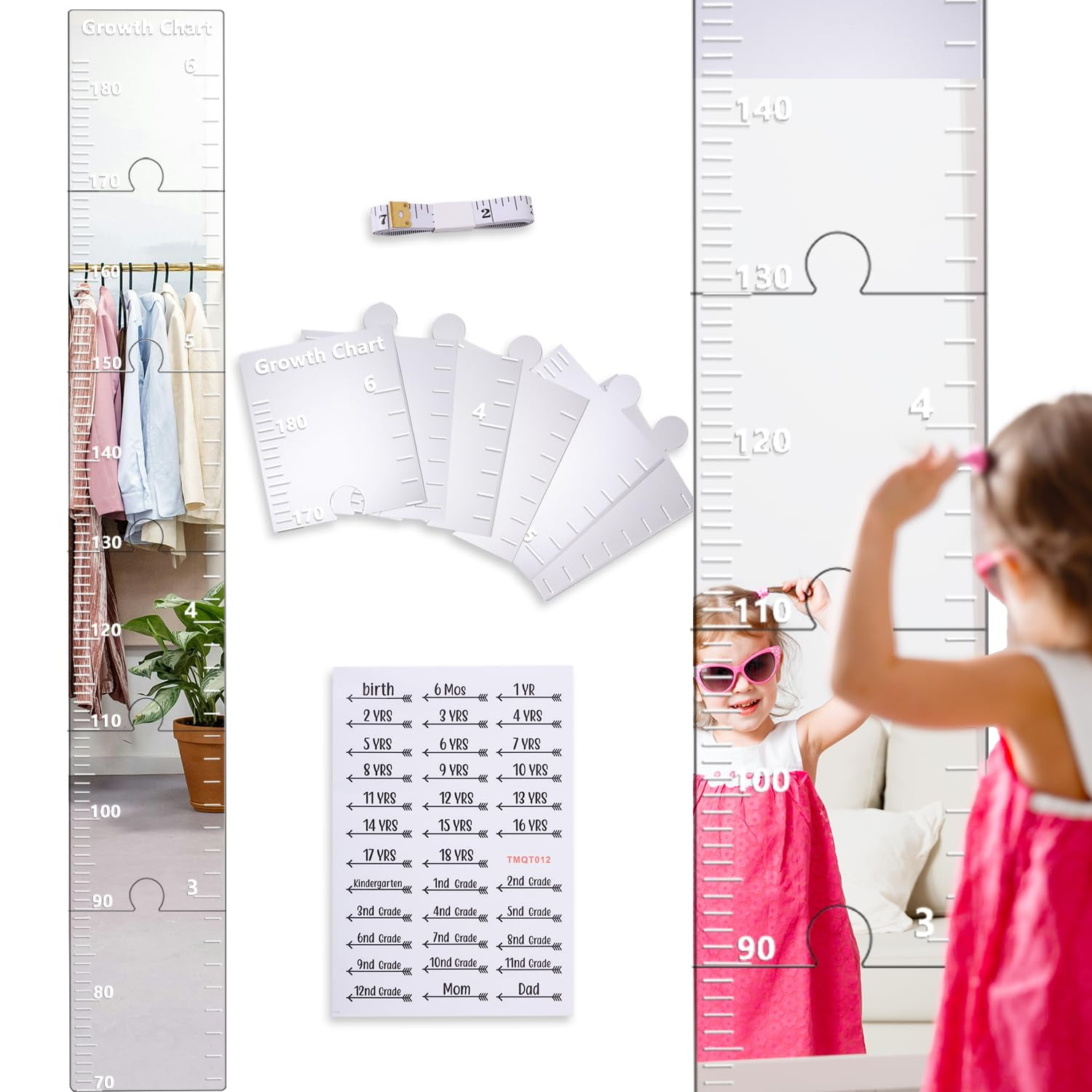 Puzzle Mirror Growth Chart, 47.24x7.09in Acrylic Growth Chart Mirror for Wall Height Measuring ...
