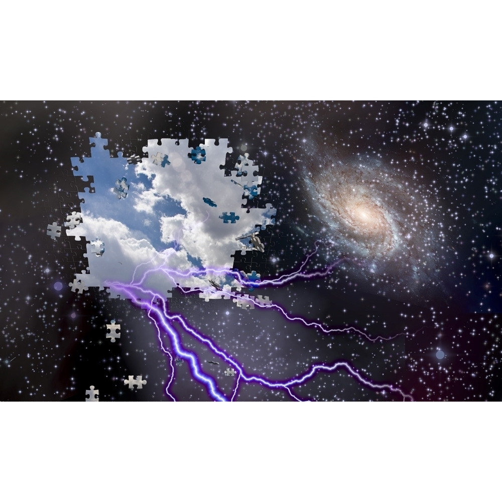 Puzzle pieces fall from night sky revealing day with lightining Poster ...