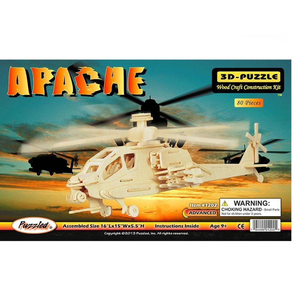 Puzzled 3D Puzzle Apache MMF7 Helicopter Wood Craft Construction Kit, Fun Unique & Educational ...