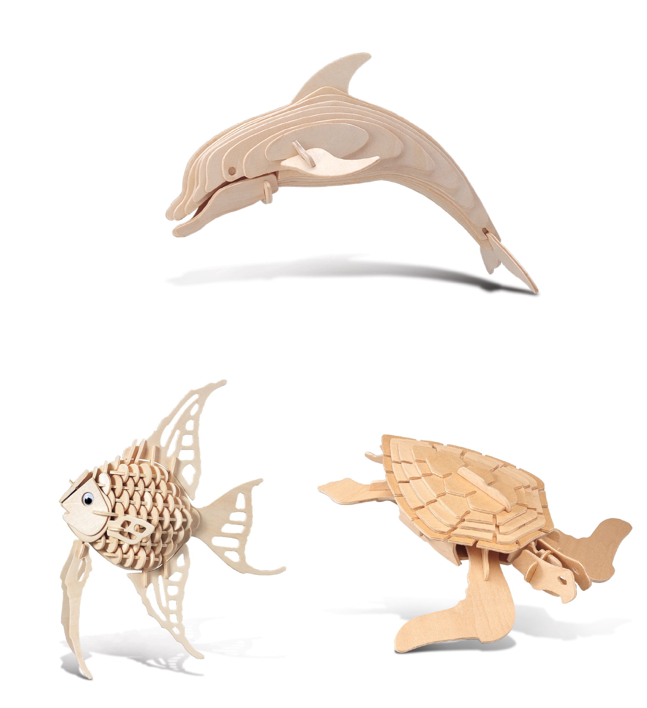 Puzzled Bundle of Angel Fish, Dolphin & Green Turtle Wooden 3D Puzzles ...