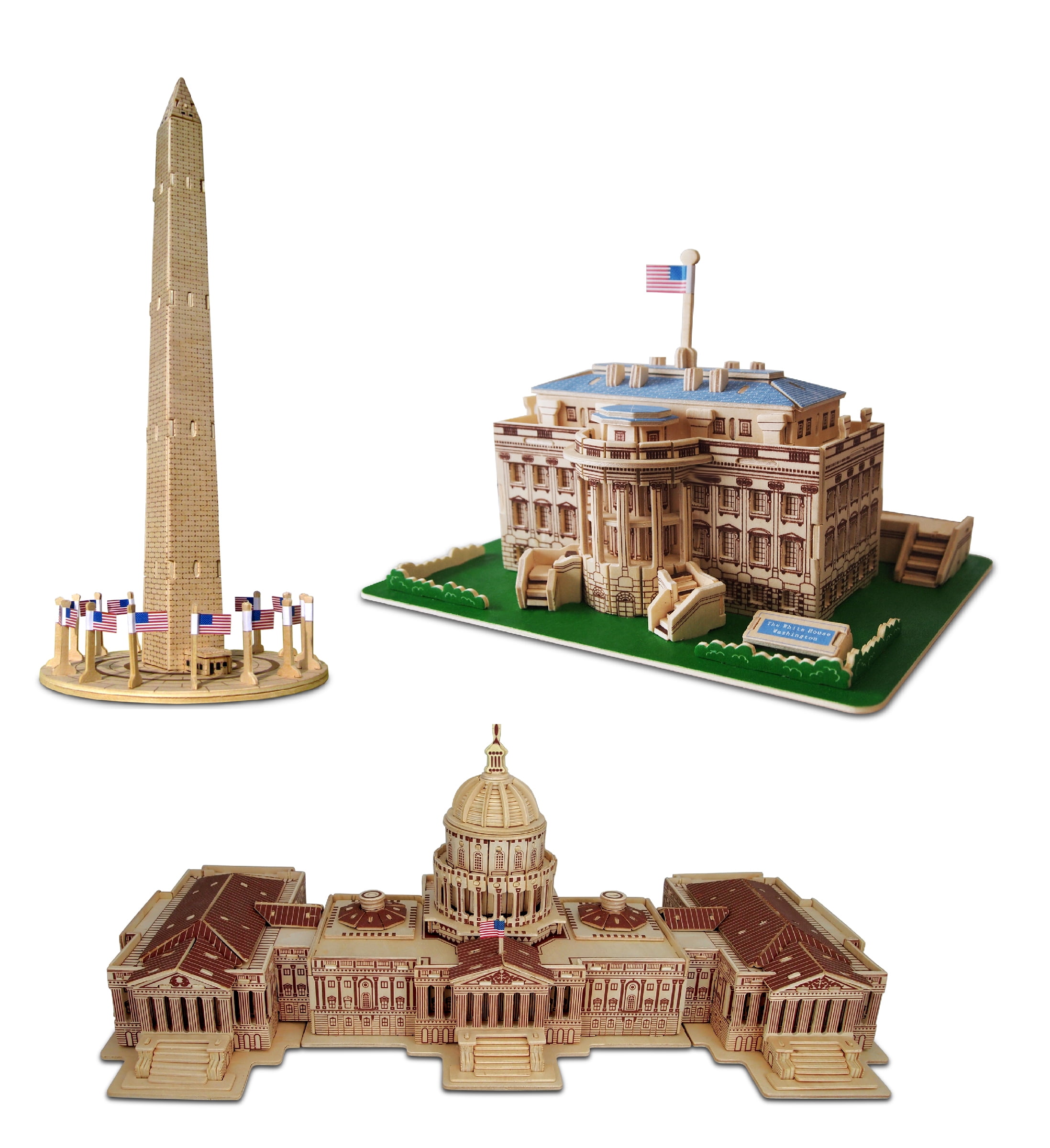 Puzzled 3D Wooden Puzzle Bundle, Washington Monument, White House, US ...