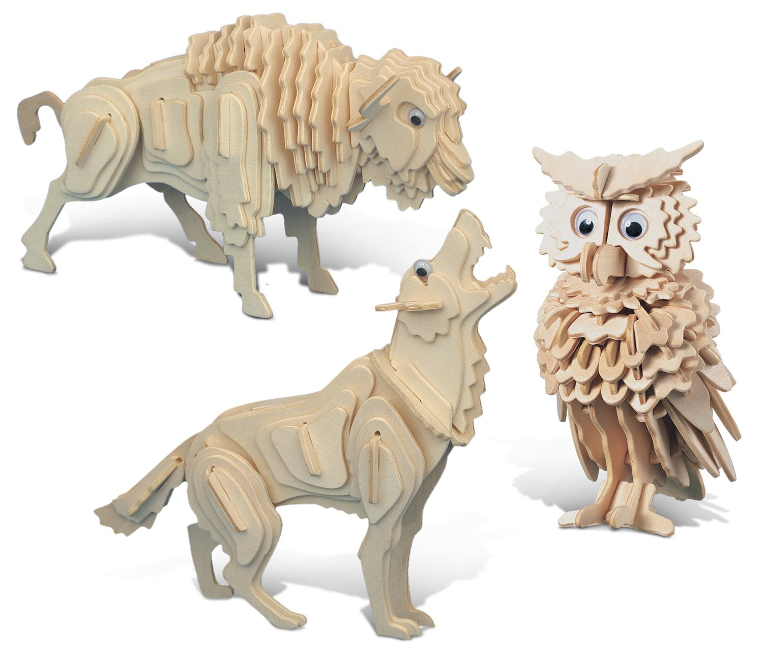 Puzzled Bundle of Owl, MMF7 Wolf and Buffalo Wooden 3D Puzzle Construction Kits, Fun Unique and ...