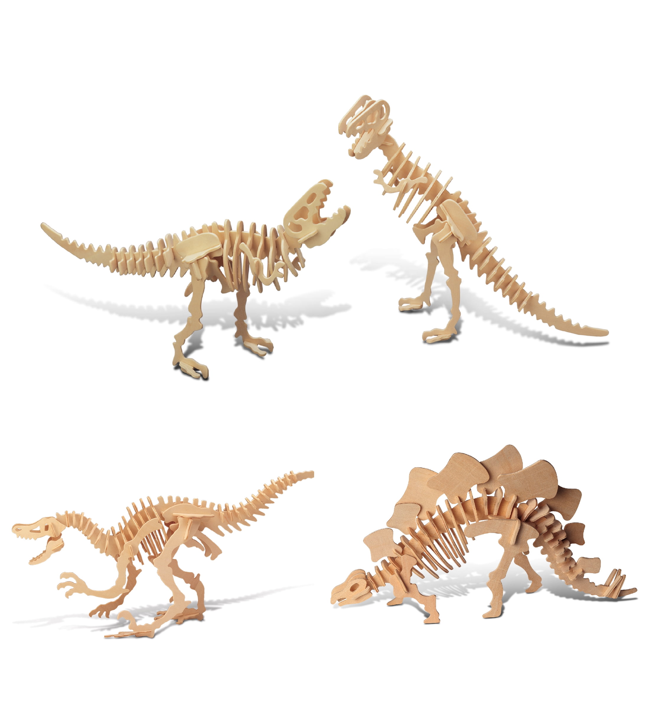 Puzzled 3D Wooden Dinosaur Puzzle Bundle, Velociraptor, Stegosaurus, Tyrannosaurus, DIY Craft ...