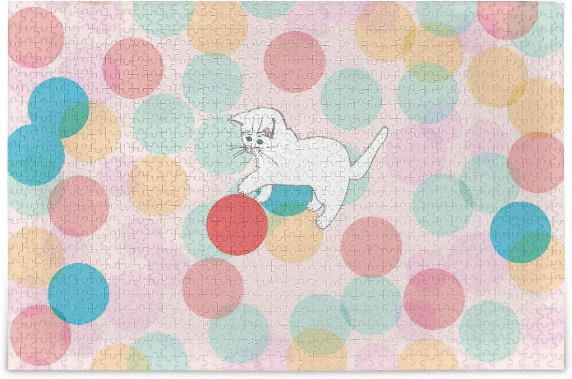 Puzzles for Adults 1000 Piece Colorful Polka Dots Cute Animal White Cat ...