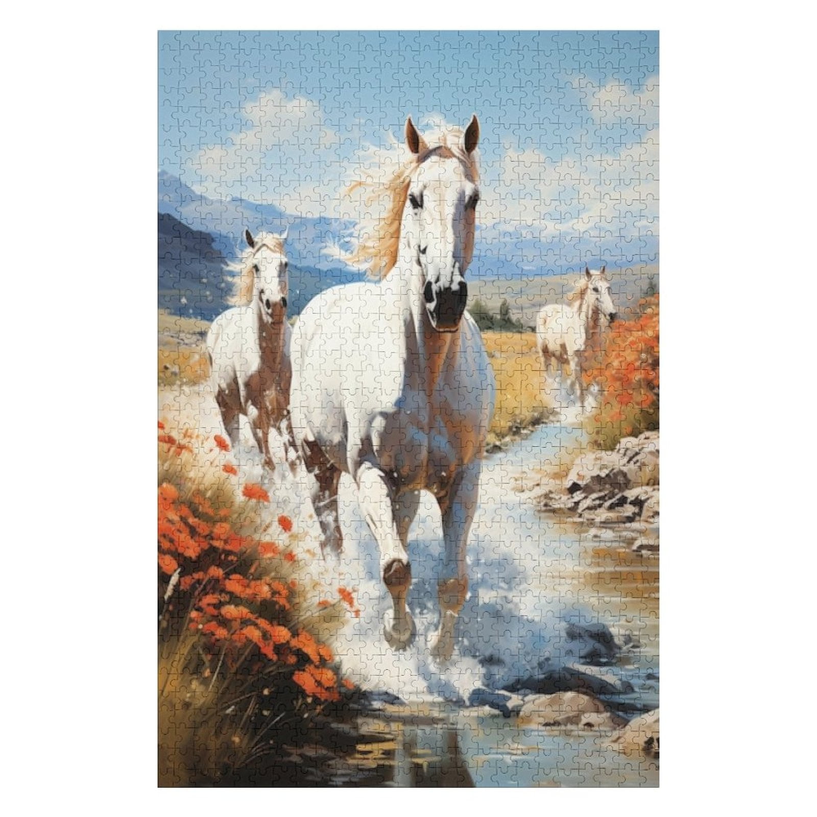 Puzzles for Adults 1000 Pieces - Horses Running Through Stream Water With Mountains Challenging ...