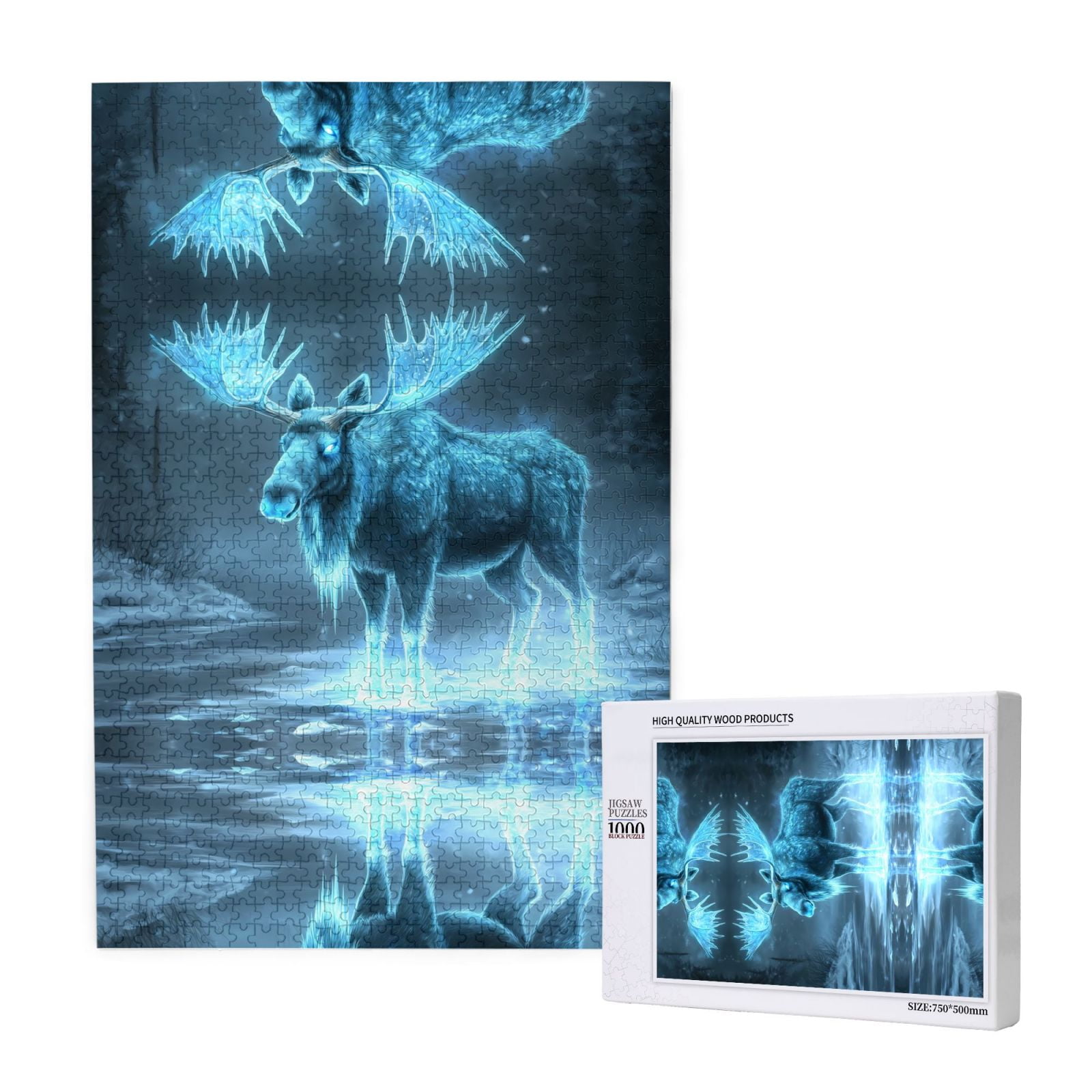 Puzzles for Adults 1000 Pieces - Icy Glowing Winter Moose 20x30 In Wood Brain-Boosting Jigsaw ...