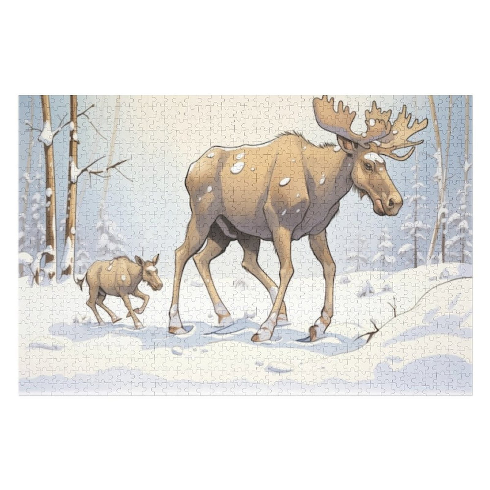 Puzzles for Adults 1000 Pieces - Moose Calf Following Tracks Snow Mature Moose Funny Puzzle ...