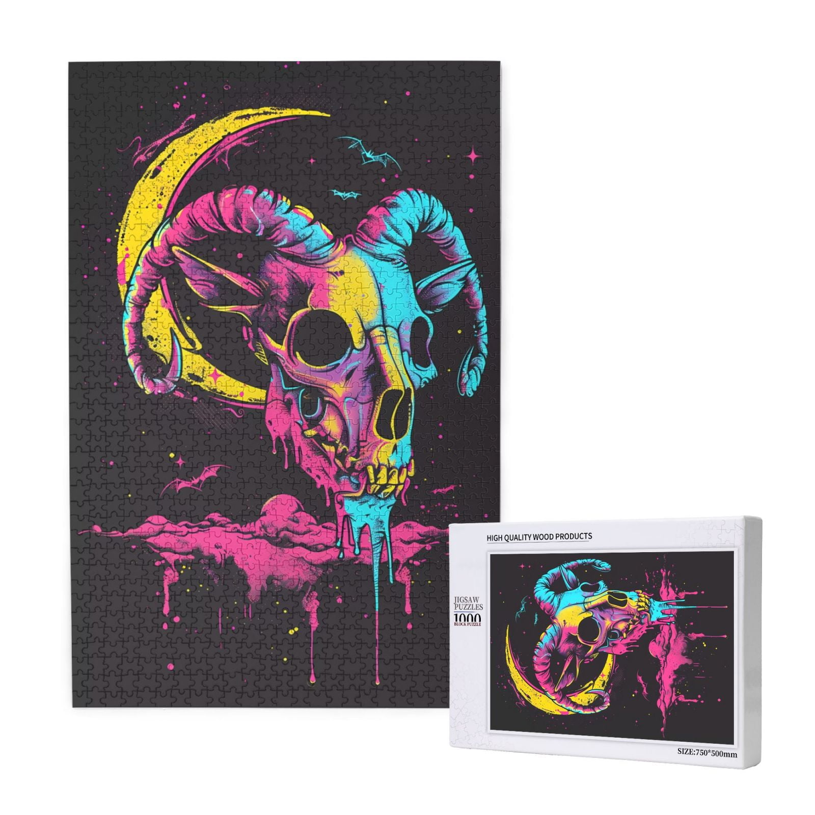 Puzzles for Adults 1000 Pieces - Neon Gothic Skull Moon 20x30 In Wood ...