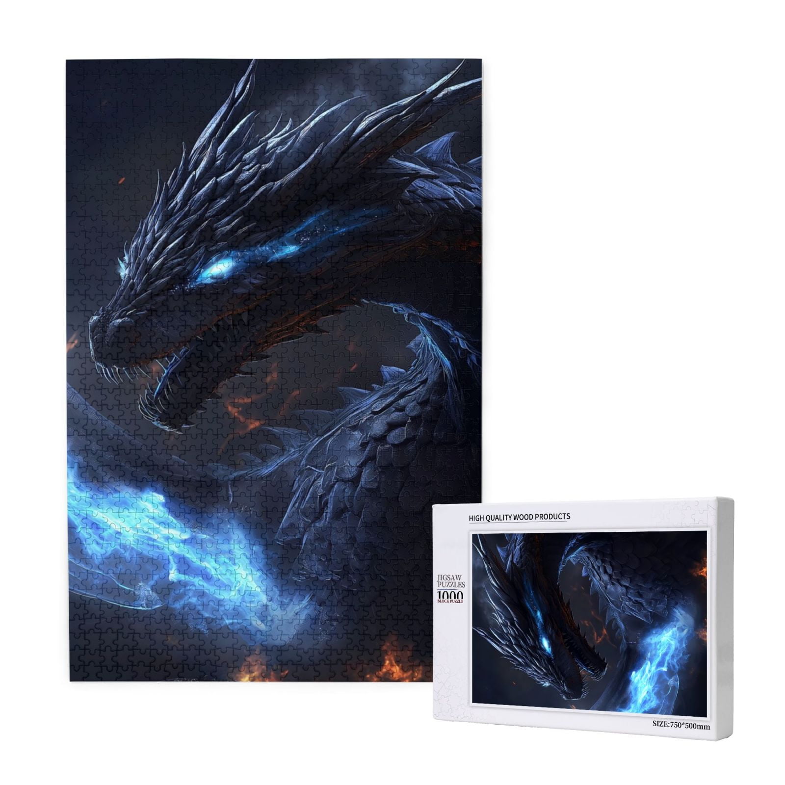 Puzzles for Adults 1000 Pieces - Red and Blue Flame Black Dragon 19.7 ...