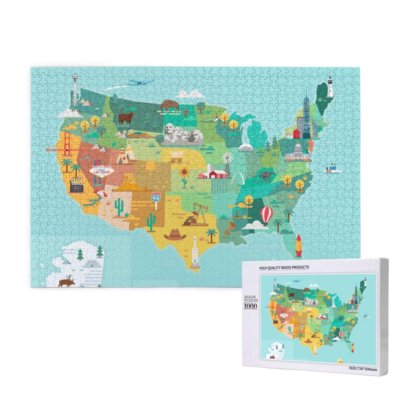 Puzzles for Adults 1000 Pieces, USA Tourist Map Famous Landmarks ...