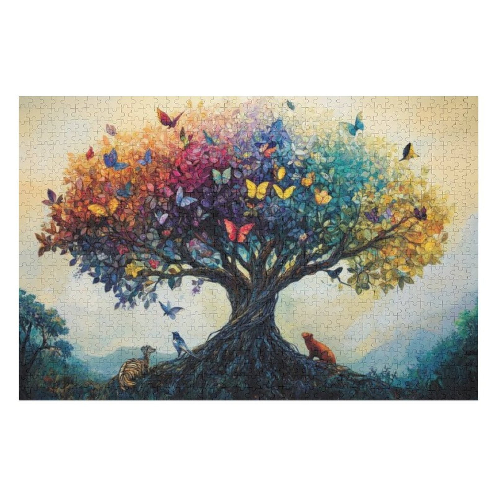 Puzzles for Adults 300 Pieces - Colorful Tree With Butterflies Bird Two ...