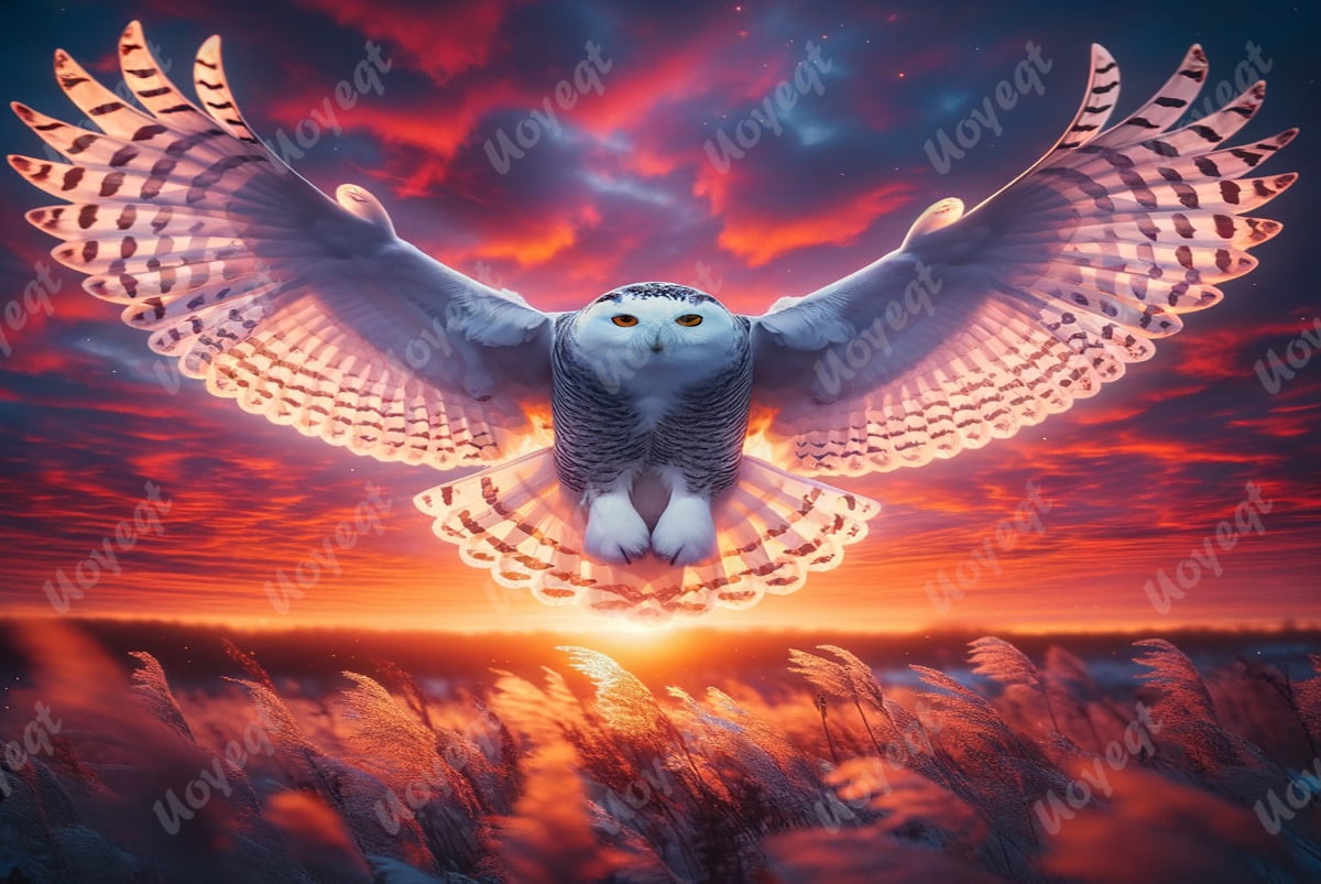 Puzzles for Adults 500 Pieces Snowy Owl In Flight Against Vibrant Sunset Sky Wooden Jigsaw ...