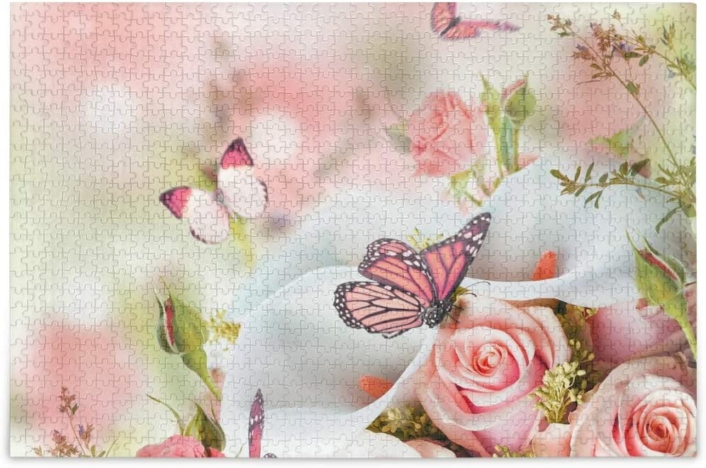 Puzzles For Adults 1000 Pieces Funny Butterflies Rose Pink Flowers - Fun Interactive Brain ...