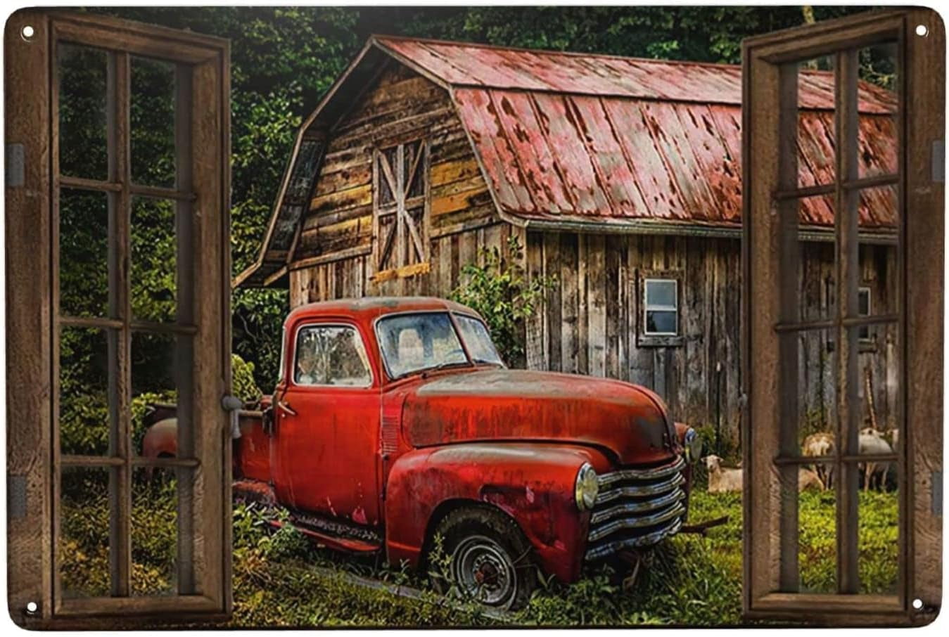 Puzzles Old Farm Home Barn and Red Truck Outside The Window Vintage ...