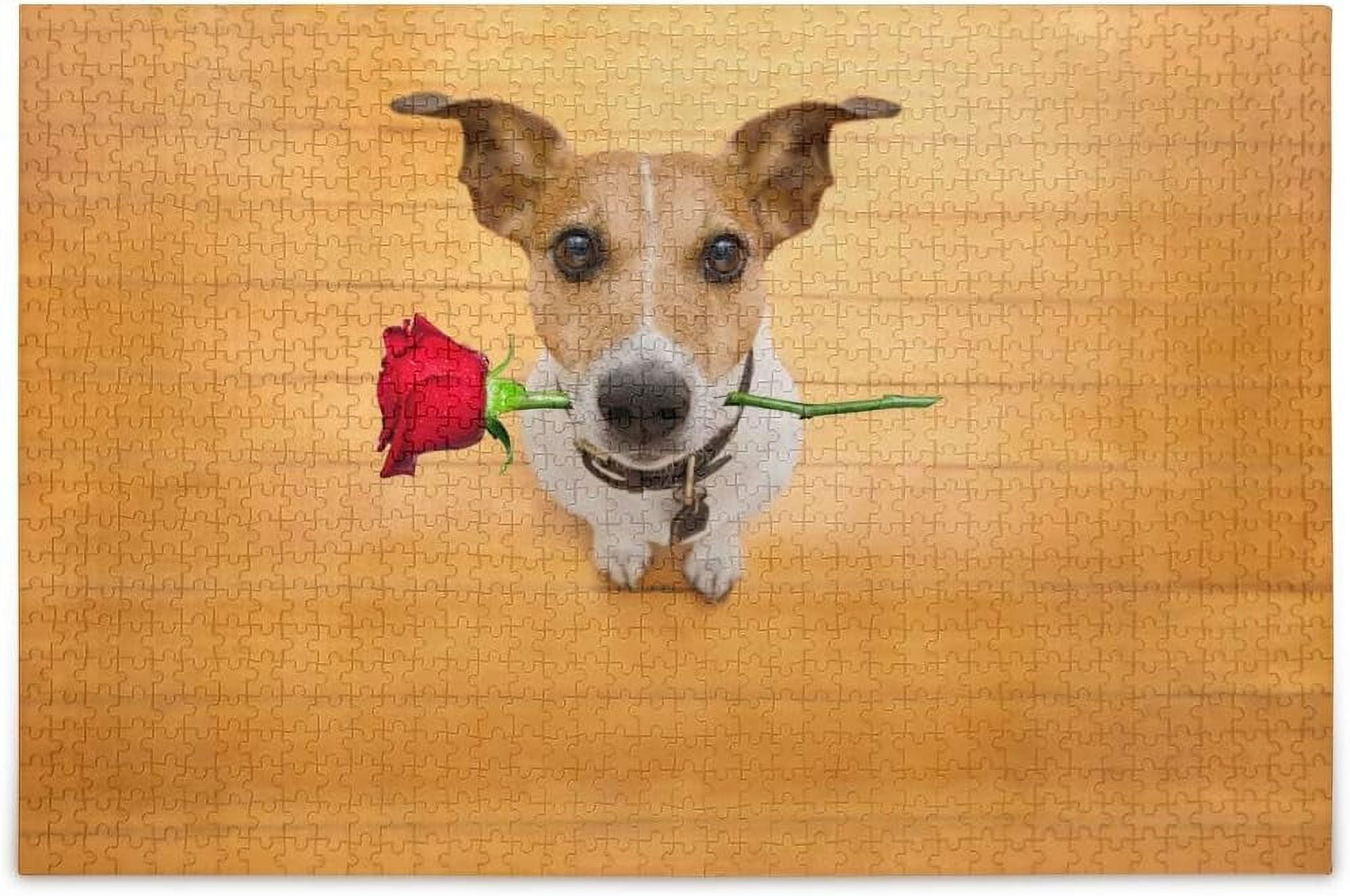 Puzzles for Adults 1000 Piece Cute Animal Dog Red Rose On Wood Jigsaw ...