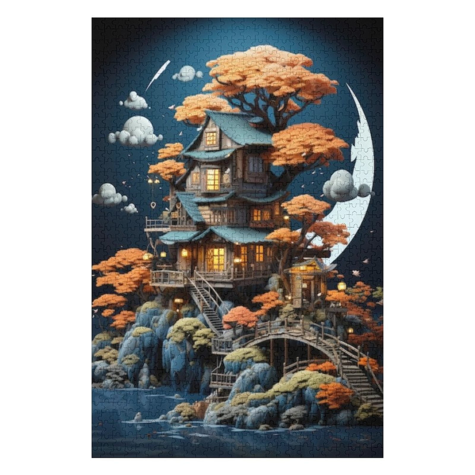 Puzzles for Adults 1000 Pieces - House Cliff With Full Moon Puzzle ...