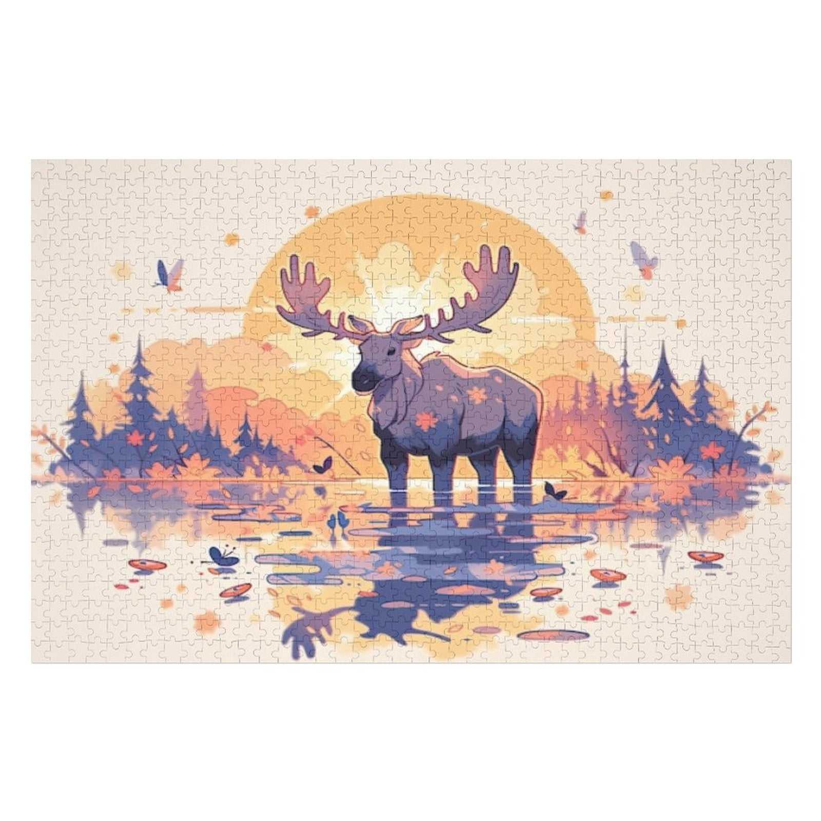 Puzzles for Adults 1000 Pieces - Moose Wading Through Shallow Marsh Sunset Funny Puzzle Learning ...
