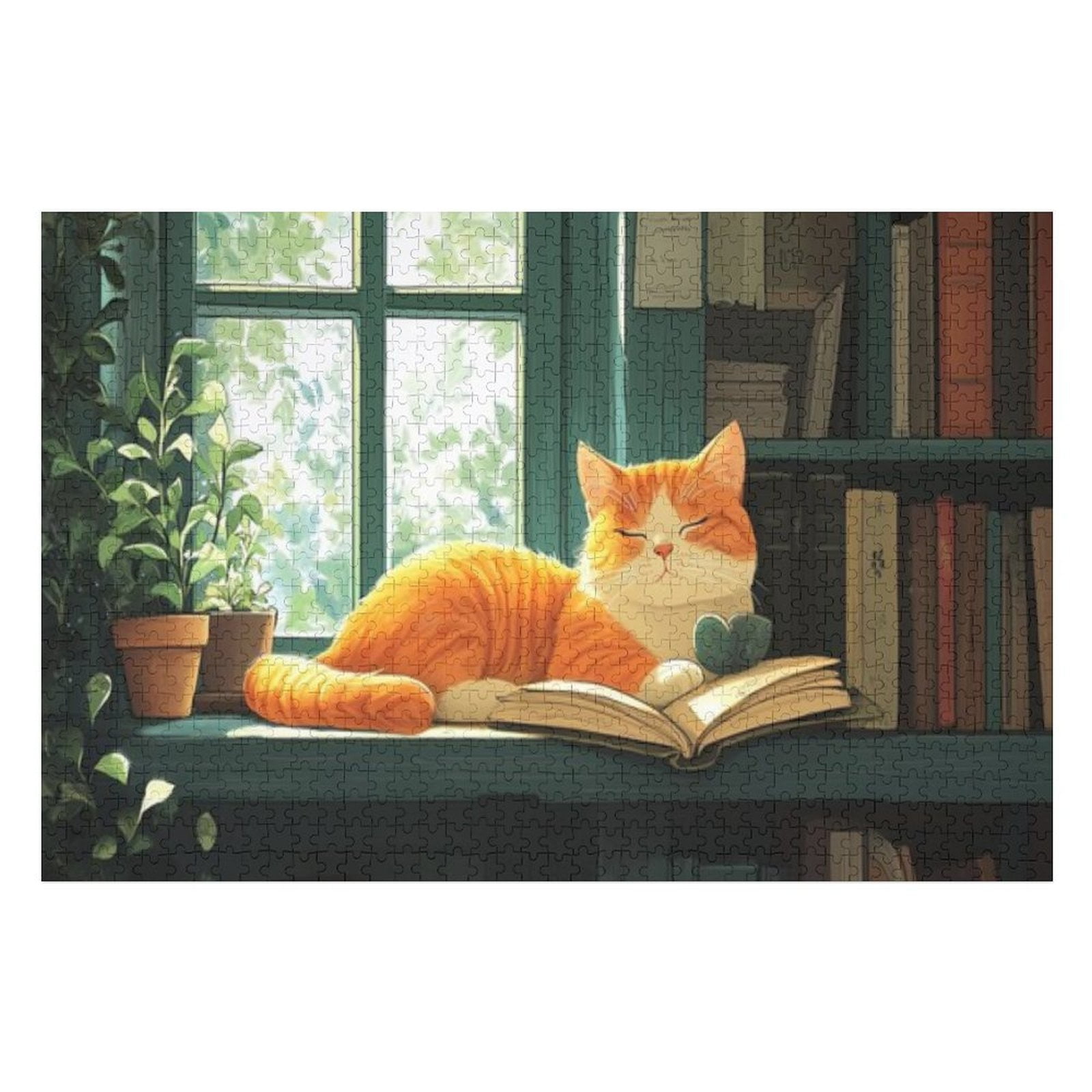 Puzzles for Adults 1000 Pieces - Orange Tabby Cat Napping Book Beside ...