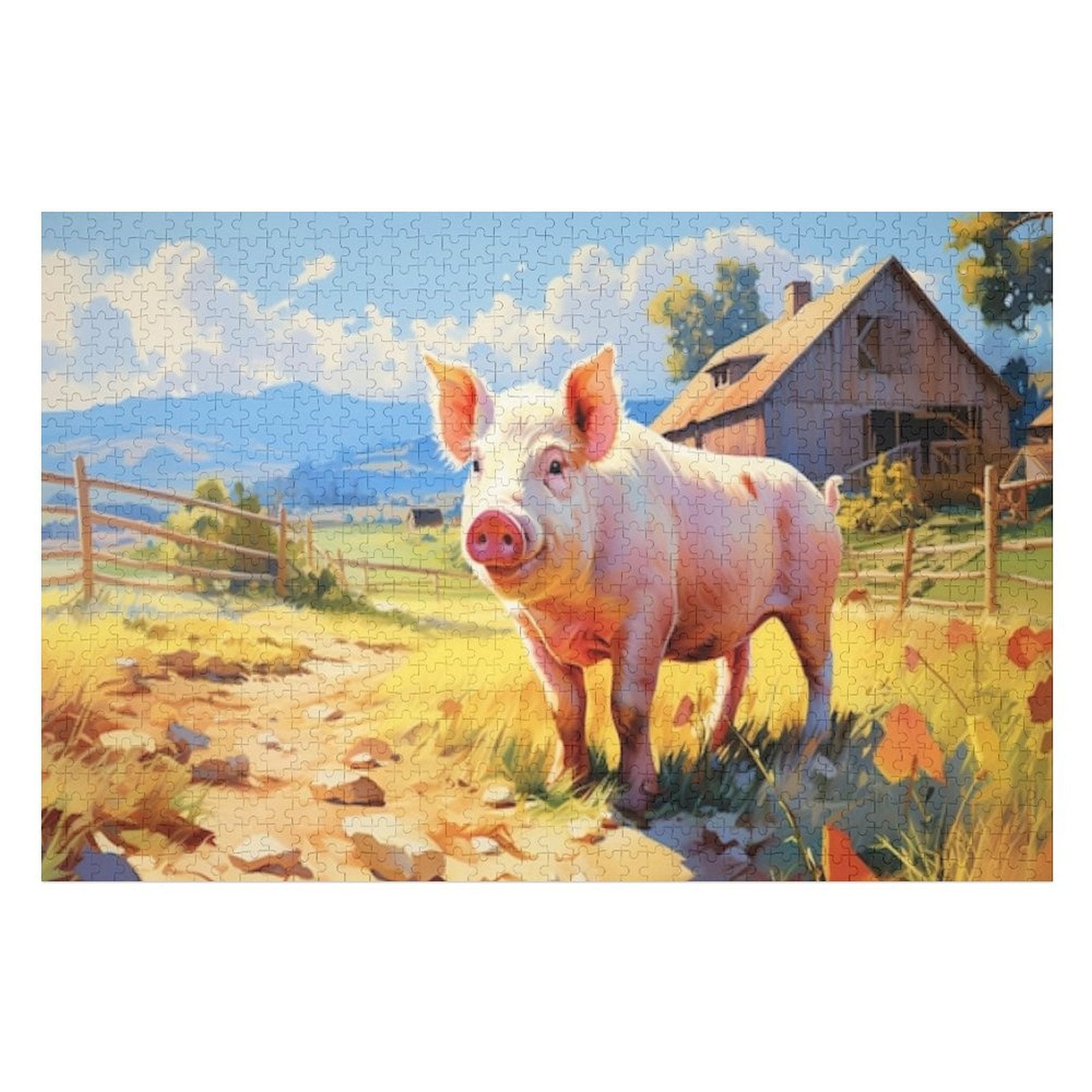 Puzzles for Adults 1000 Pieces - Pig Standing Field Near Barn Funny ...