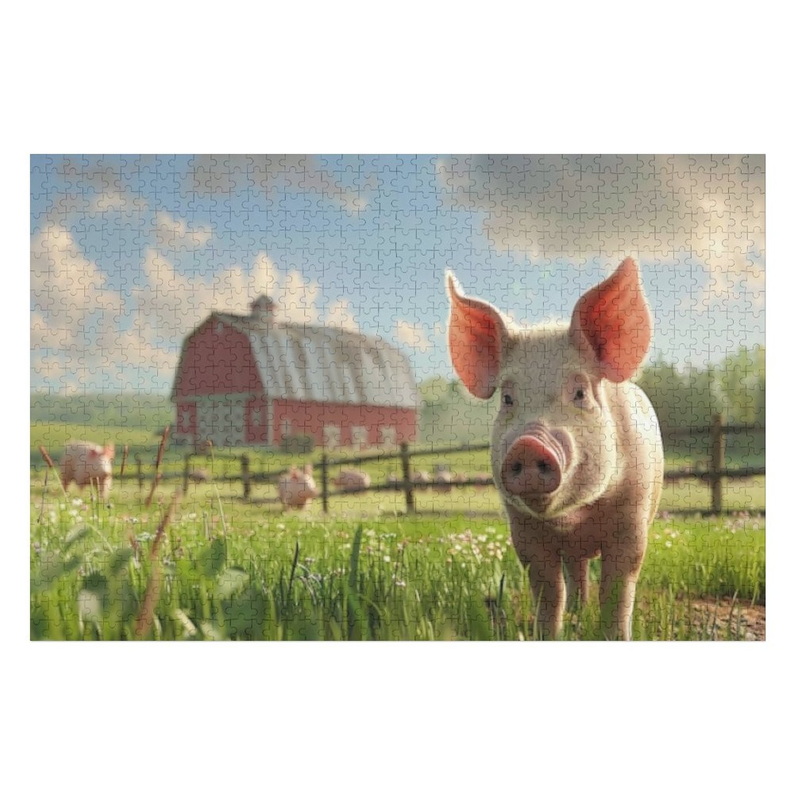 Puzzles for Adults 1000 Pieces - Pig Standing Grassy Field Near Red ...
