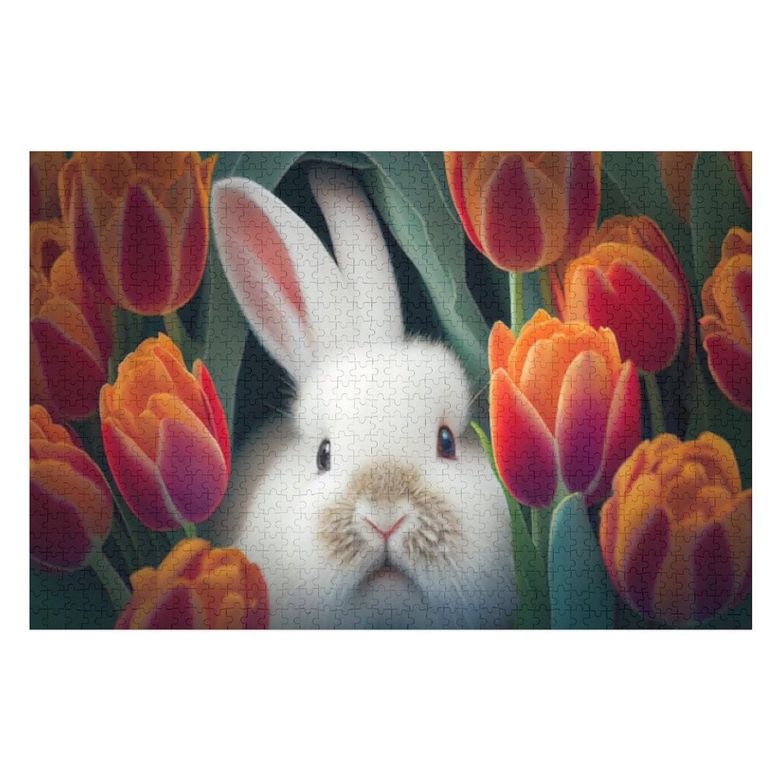 Puzzles for Adults 300 Pieces - Fluffy Hare Sits Meadow Admiring Tulips ...