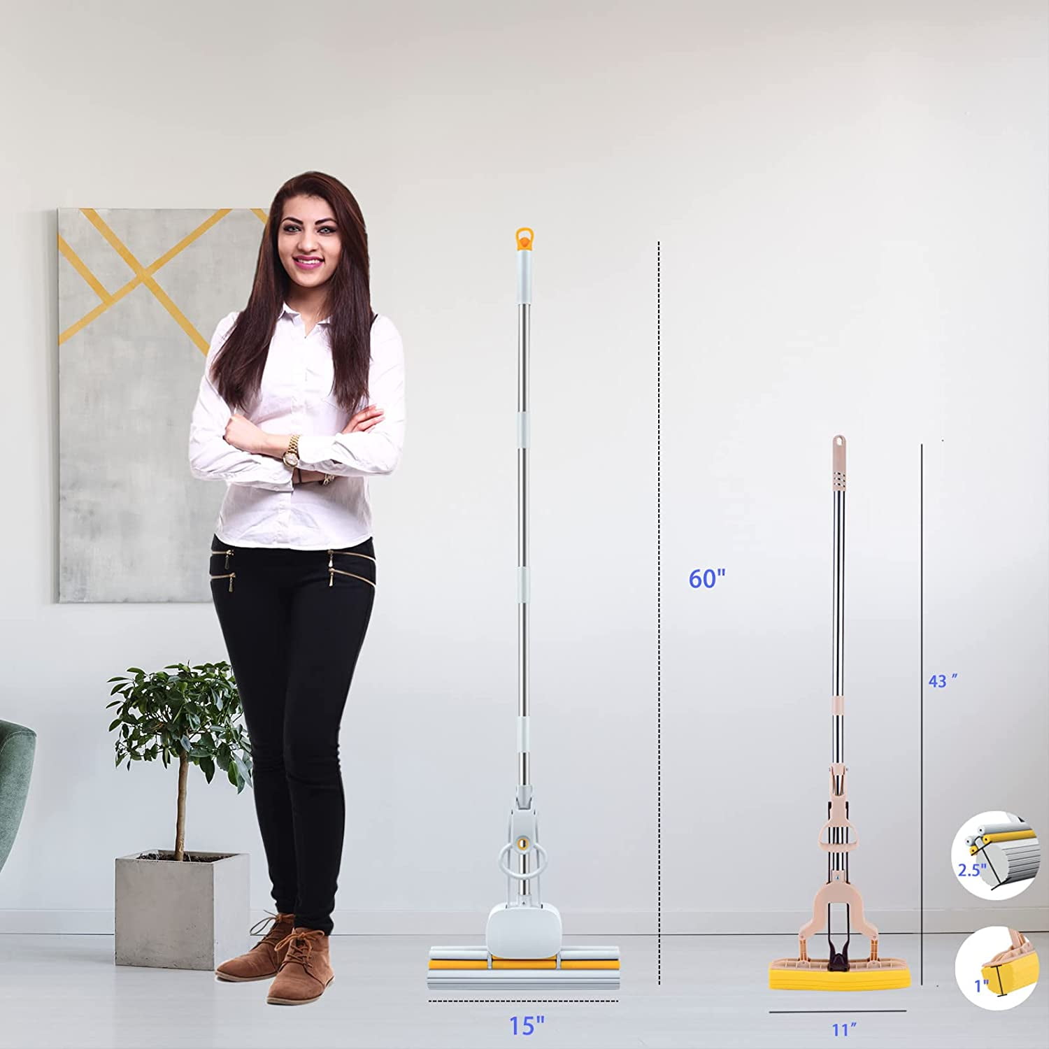 Pva Sponge Mops 60" Long Handle 15" Head With 2 Pads Sponge Mops For ...