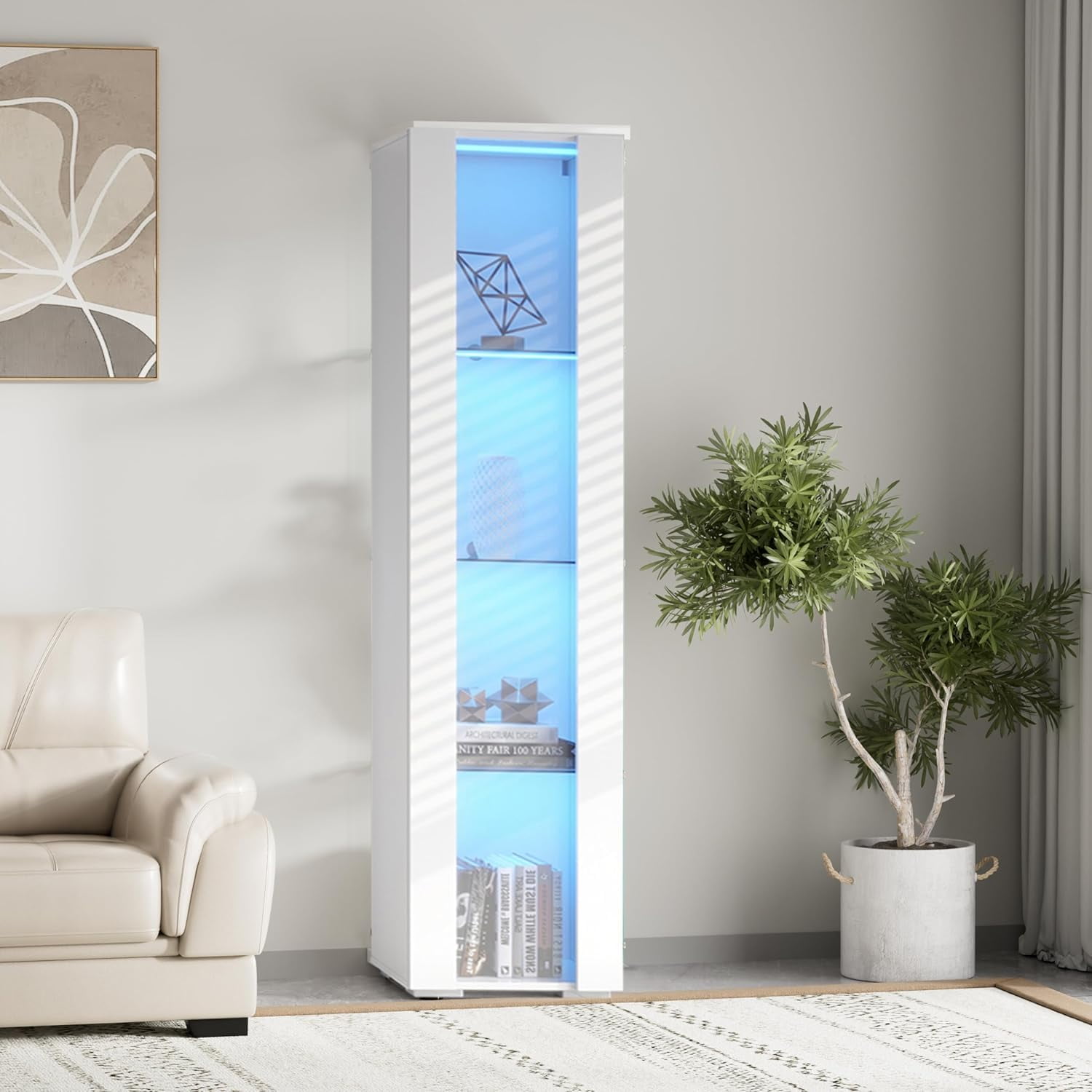 Pvillez 67" LED Display Cabinet with 4 Glass Shelves & 1 Door, Modern ...
