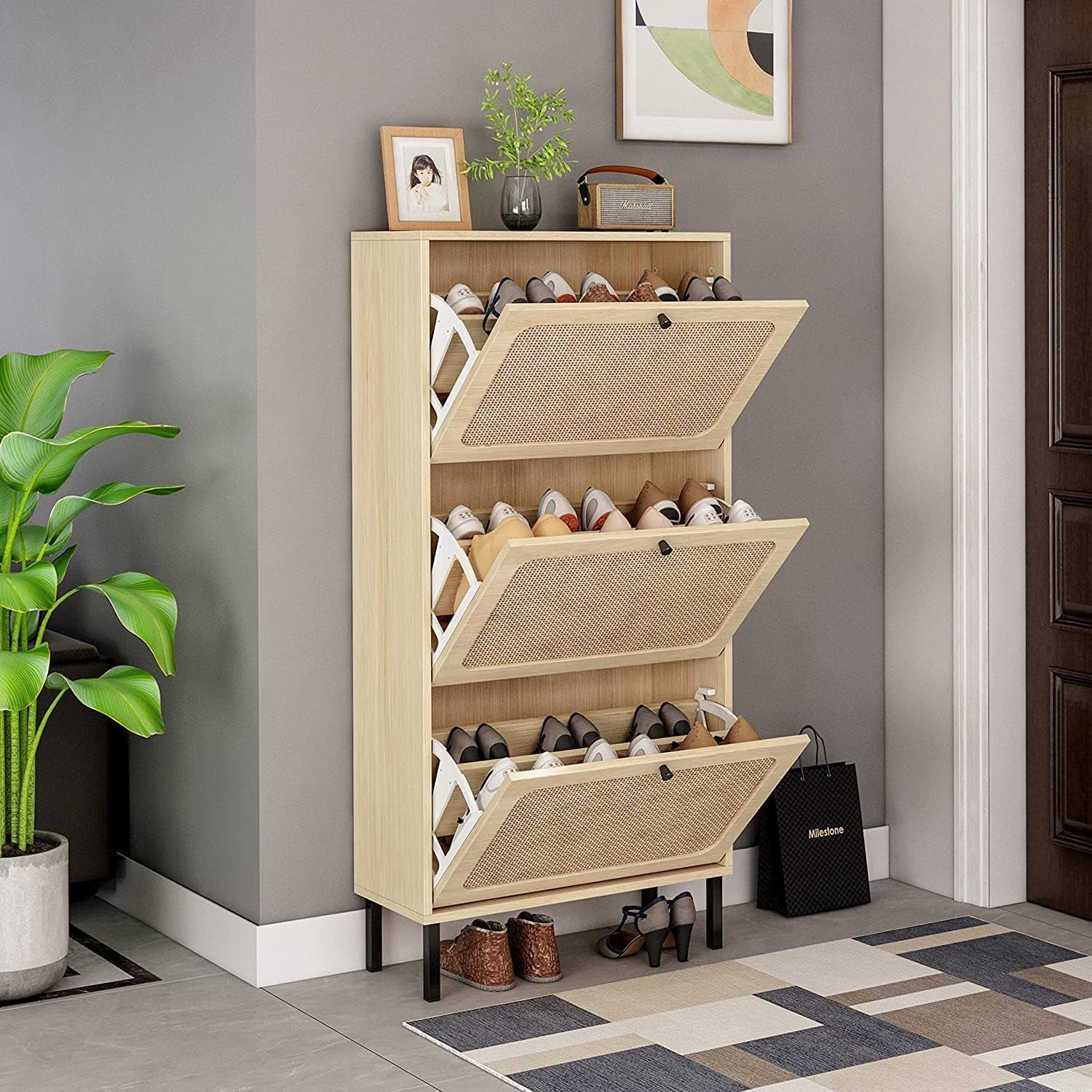 Pvillez Natural Rattan Shoe Cabinet, Modern Free Standing Shoe Racks ...