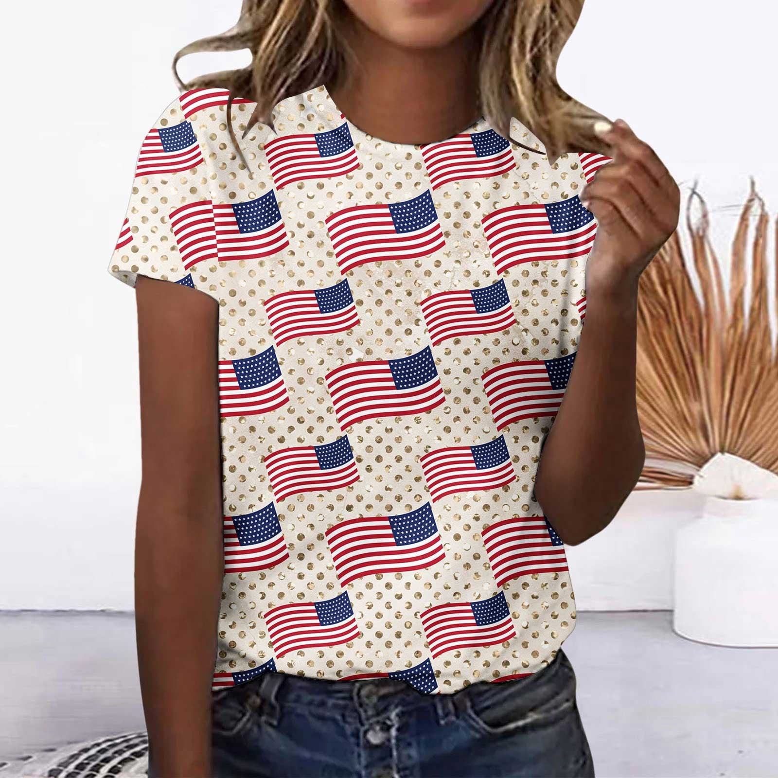 Pvkarhg American Flag Short Sleeve T-Shirts for Women Sunflower Print ...