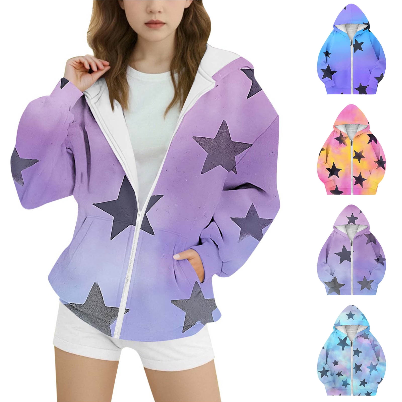 Pvkarhg Girls Zip Up Hoodies Cute Stars Graphic Sweatshirts with Hood ...