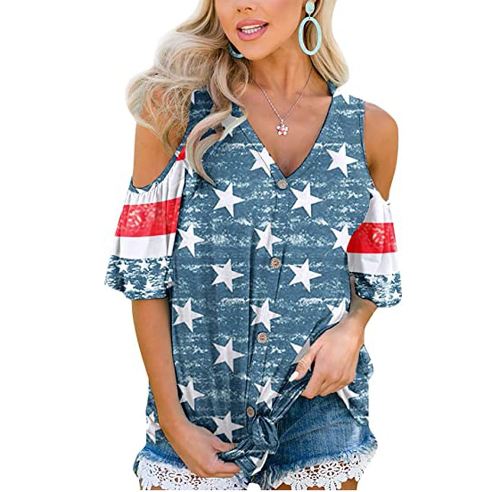 Pvkarhg Independence Day Cold Shoulder Button Shirts for Women USA ...