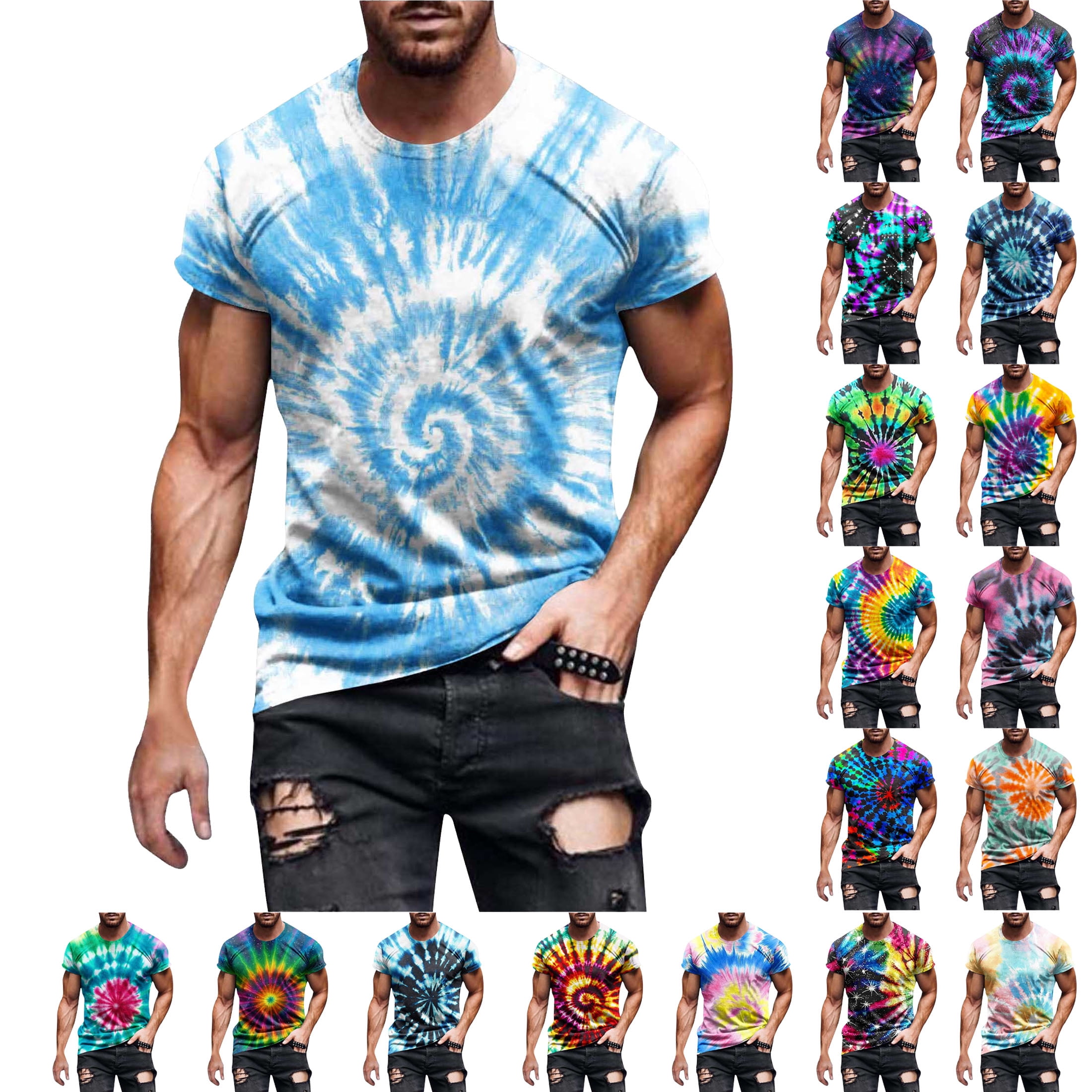 Pvkarhg Men's Tie Dye T-Shirts Casual Short Sleeve Crew Neck Shirt ...