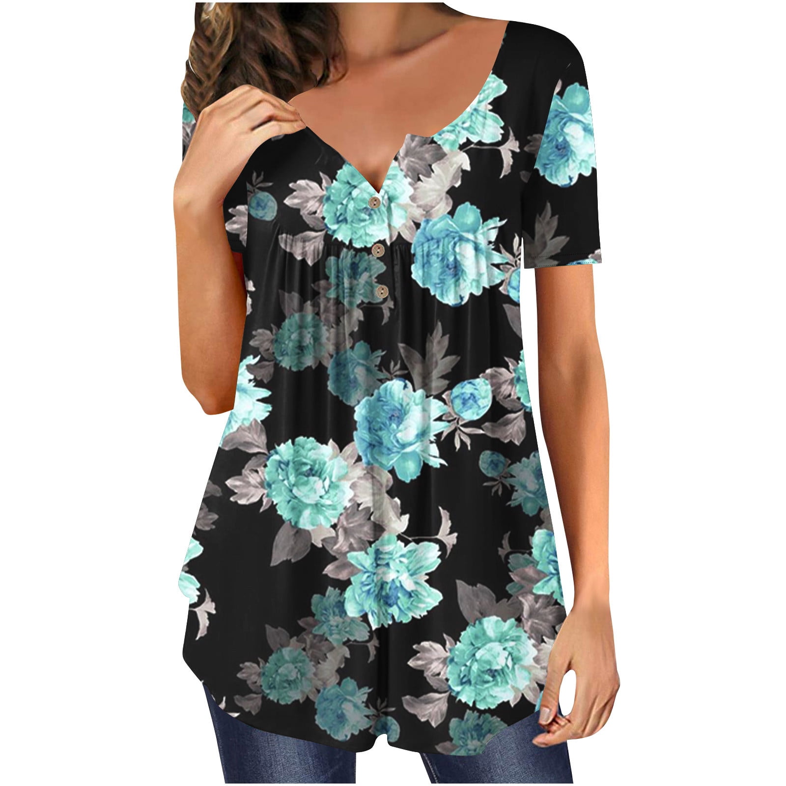 Pvkarhg Pleated Button V Neck Tunics For Women Summer Floral Print Hide