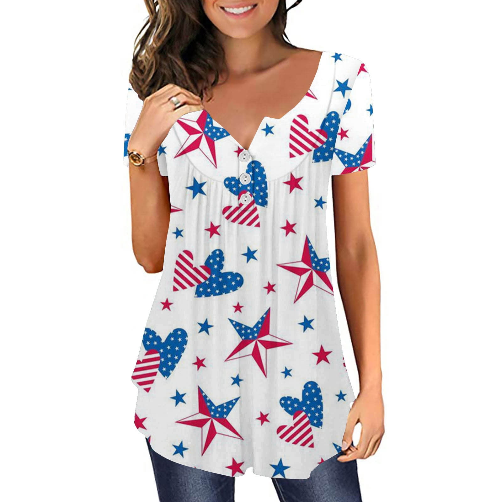 Pvkarhg Womens American Flag Stars Stripe Tunics 4th Of July Button