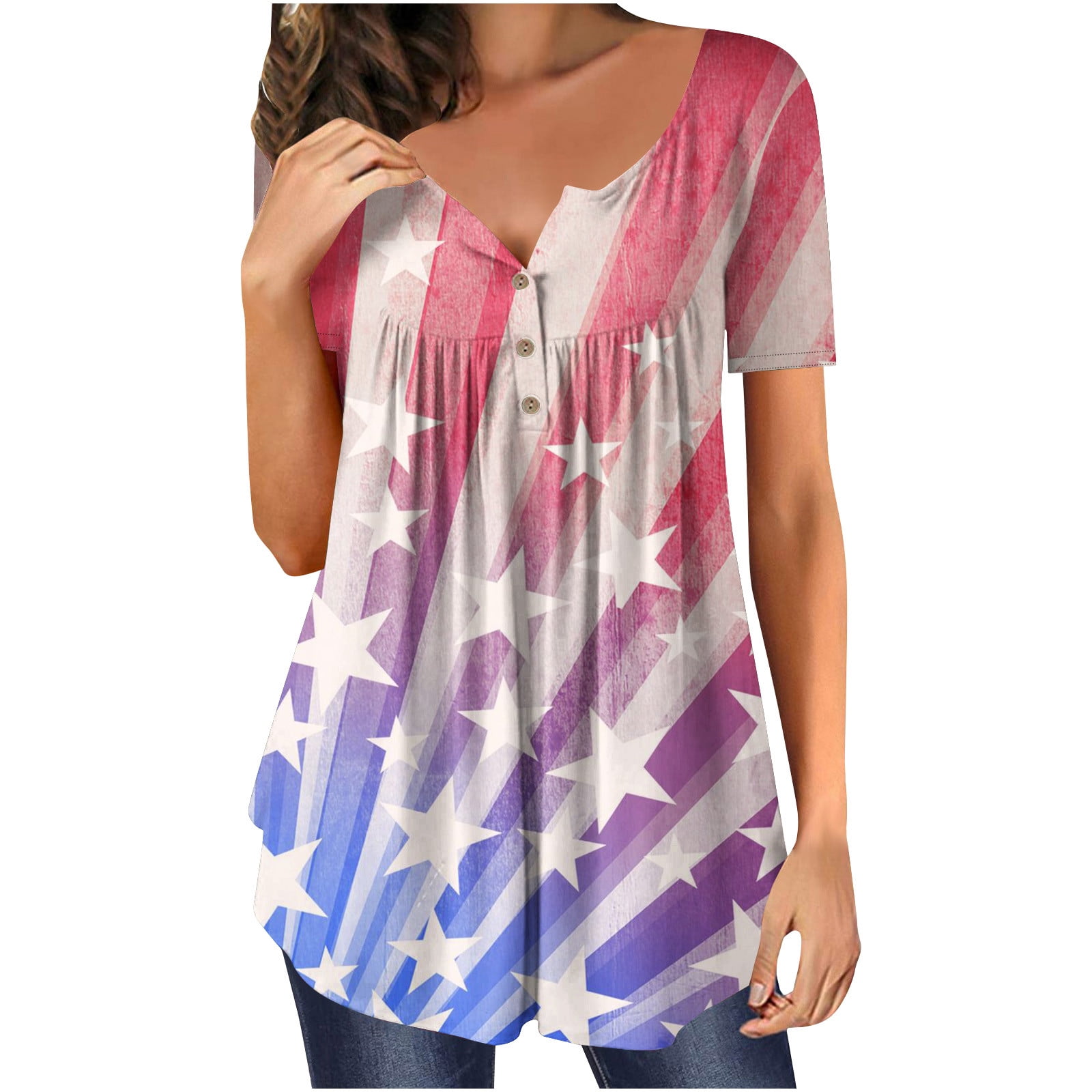 Pvkarhg Womens Independence Day Tunics Summer Pleated Hide Belly Tops