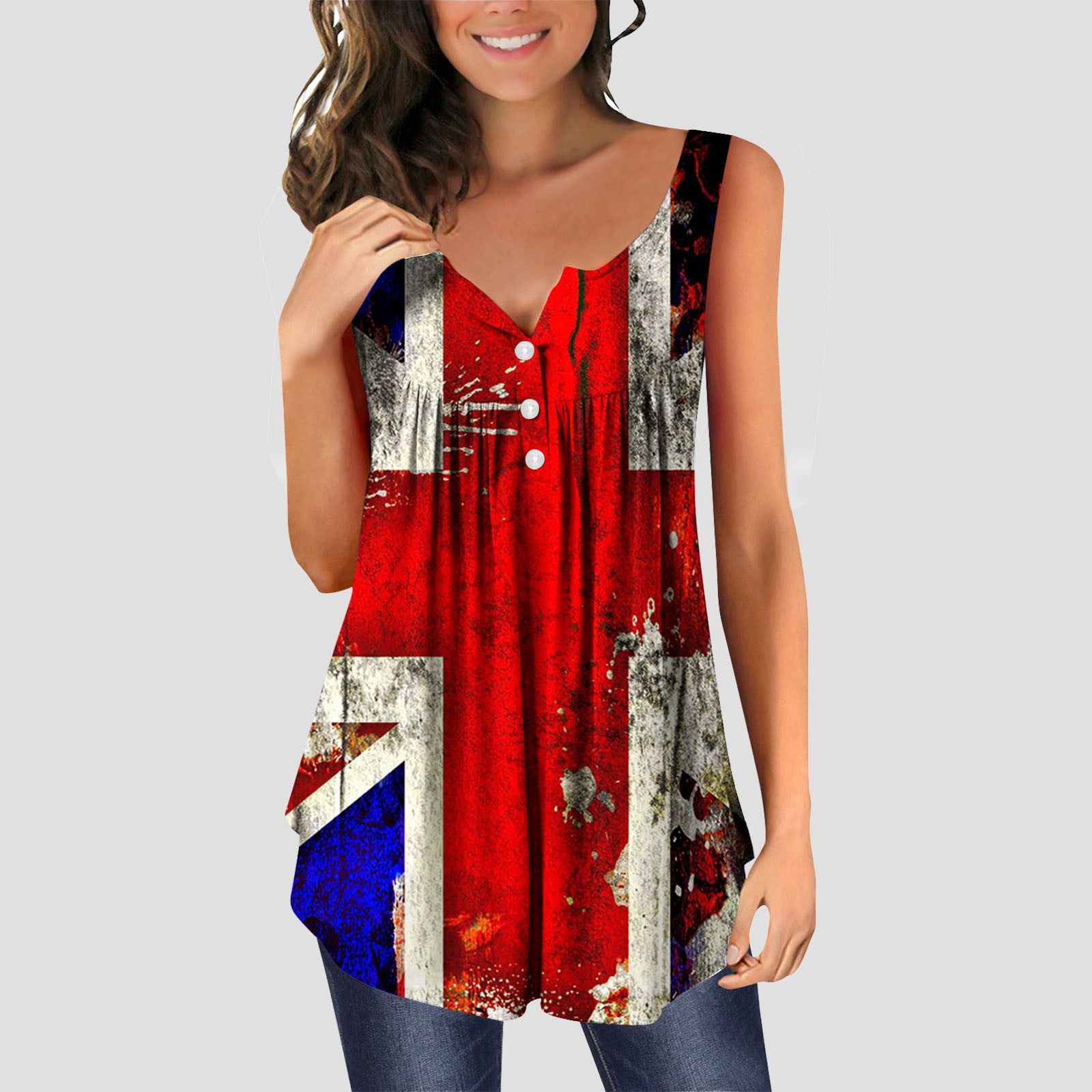 Pvkarhg Womens Red White Blue Tunics Fashion Pleated Hide Belly Tops