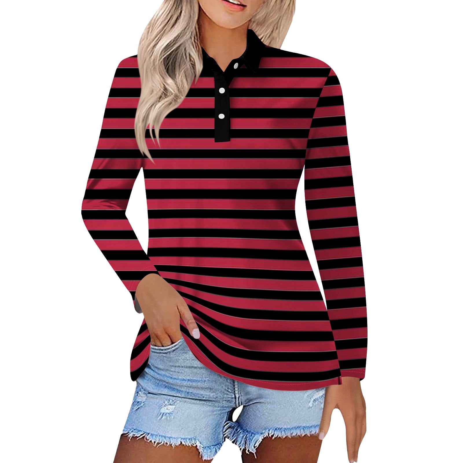 Pxiakgy Women's Polo Shirts Cotton 3-Button Long Sleeve Collared Tops ...