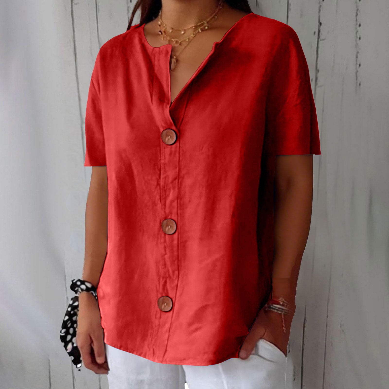 Pxiakgy Linen Shirts for Women Summer Cotton Linen V Neck Short Sleeve ...